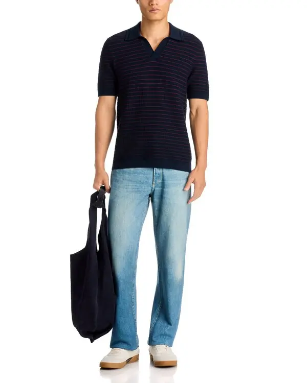 Rag & Bone Aaron Stripe Cotton Blend Johnny Collar Polo Shirt - Navy