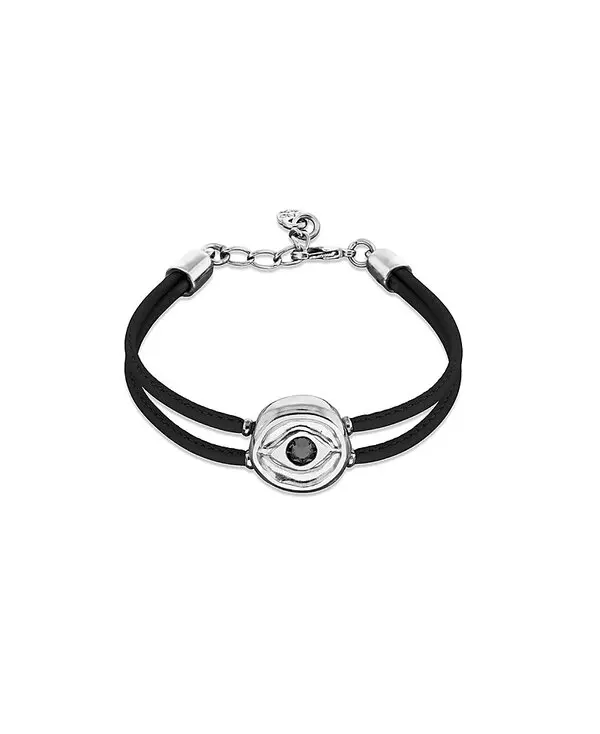 UNODE50 Black Double Leather Bracelet With -plated Eye Detail And Crystal - Silver