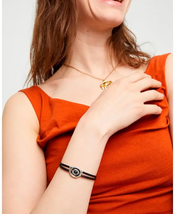 UNODE50 Black Double Leather Bracelet With -plated Eye Detail And Crystal