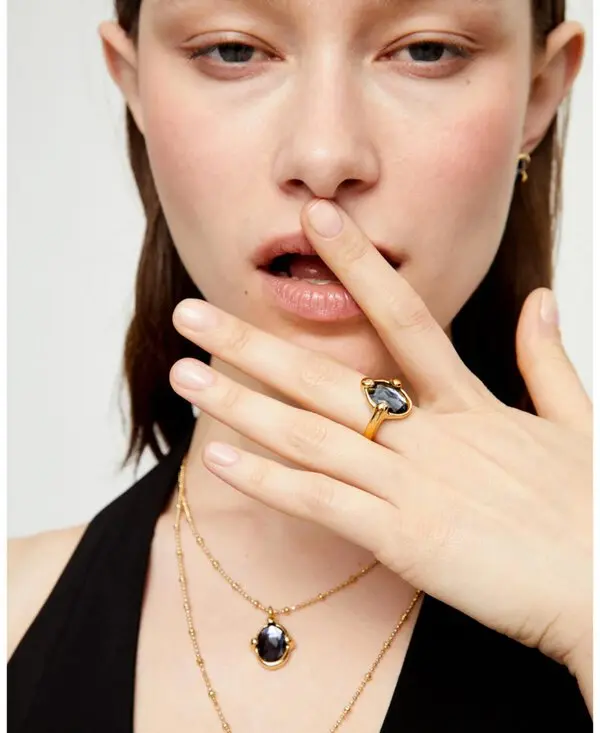UNODE50 Plated Ring With Black Faceted Crystal