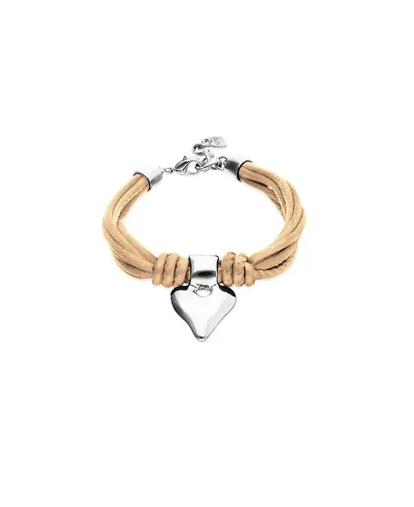 UNODE50 Silk-effect Thread Blend Bracelet With Beige Leather And Heart Detail - Silver