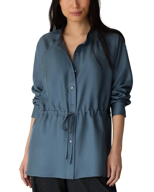 Eileen Fisher Silk Mandarin Collar Tie Waist Shirt - Cold Spring
