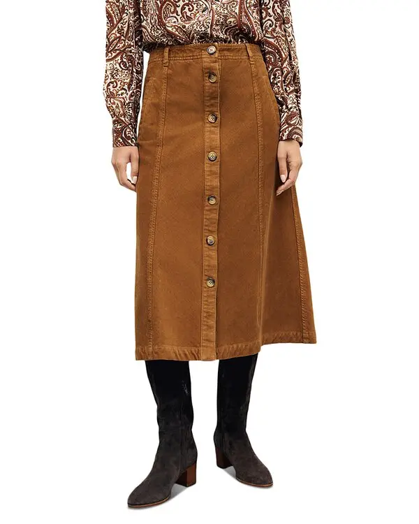Gerard Darel Tiphaine Velvet Cotton Stretch Midi Skirt - Caramel