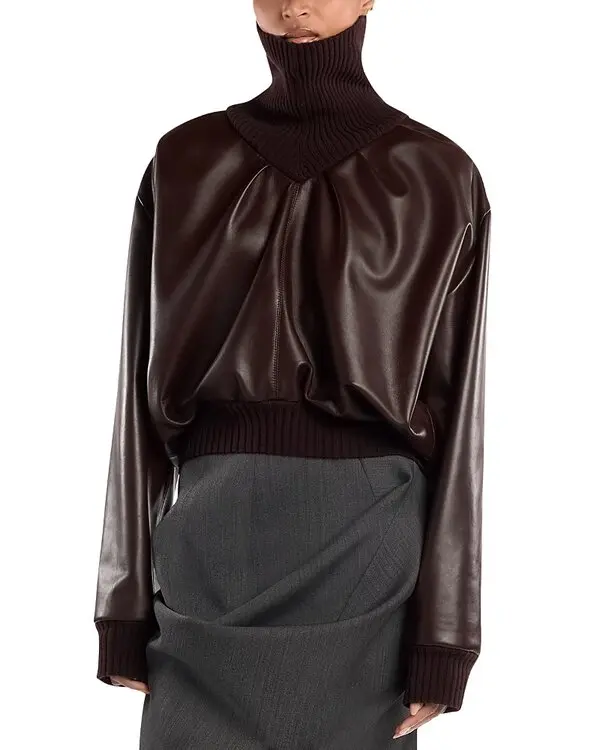 Victoria Beckham Leather Knit Trim Long Sleeve Top