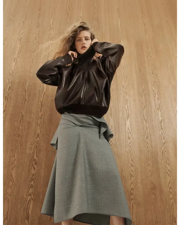 Victoria Beckham Leather Knit Trim Long Sleeve Top