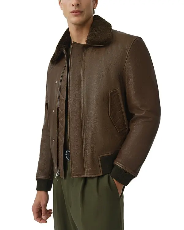 Simkhai Anderson Leather Jacket With Shearling Collar - Dark Olive