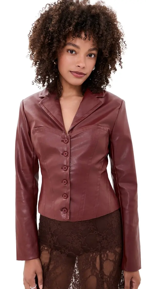 Lioness Merci Cropped Faux Leather Jacket With Notched Lapels - Chestnut