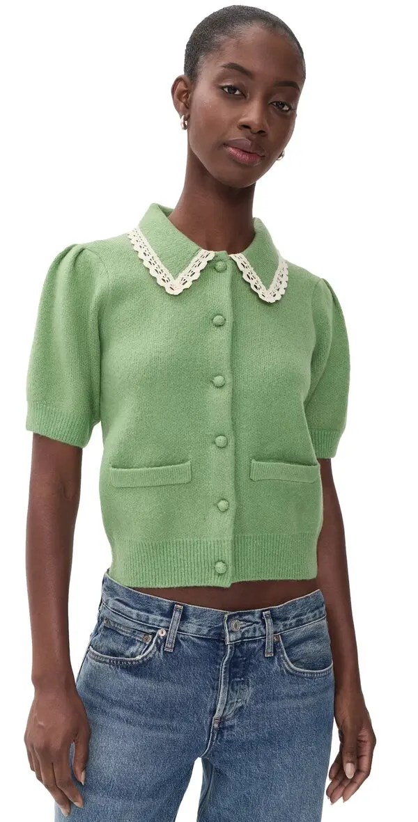 English Factory Lace Trim Puff Sleeve Knit Cardigan - Sage