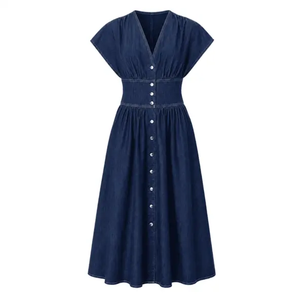 EXQUISE Evan Dropped Short Sleeve Fitted Midi Denim Dress Navy - Blue