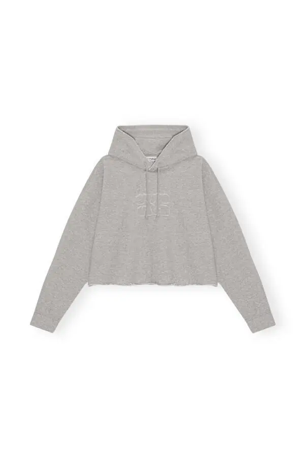 GANNI Logo Embroidered Drawstring Cropped Hoodie