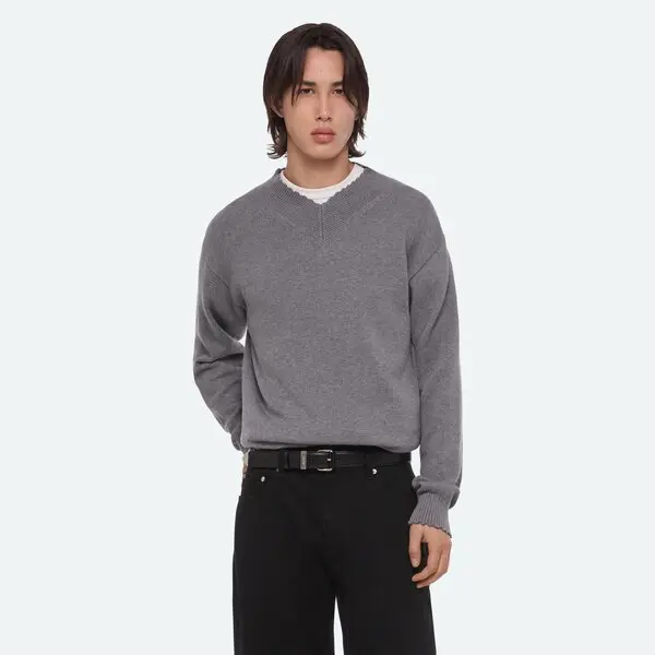 Helmut Lang Distressed V-neck - Grey Melange