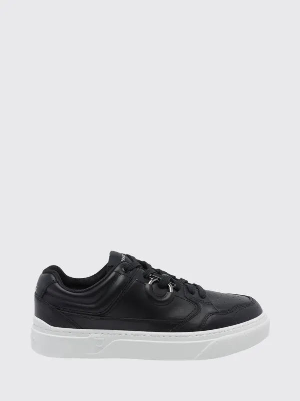 FERRAGAMO Calfskin Leather Sneakers With Gancini Logo And Perforated Toe - Black