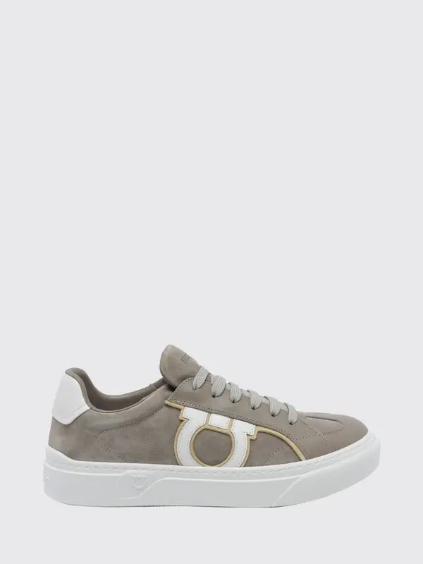 FERRAGAMO Low-top Sneakers In Leather With Contrasting Gancini Monogram - Grey