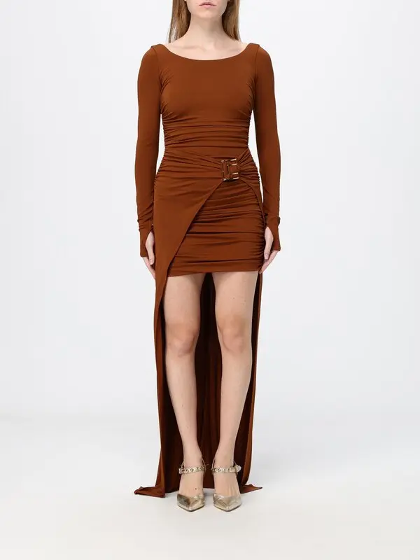 Elisabetta Franchi Long Sleeve Asymmetrical Sheath Gown - Brown