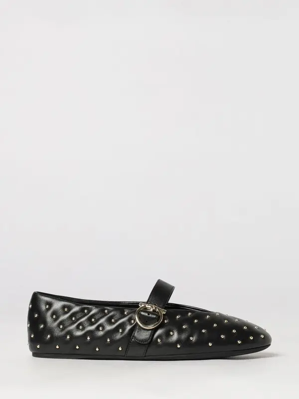 FERRAGAMO Gancini Buckle Studded Nappa Mary Jane Flats - Black