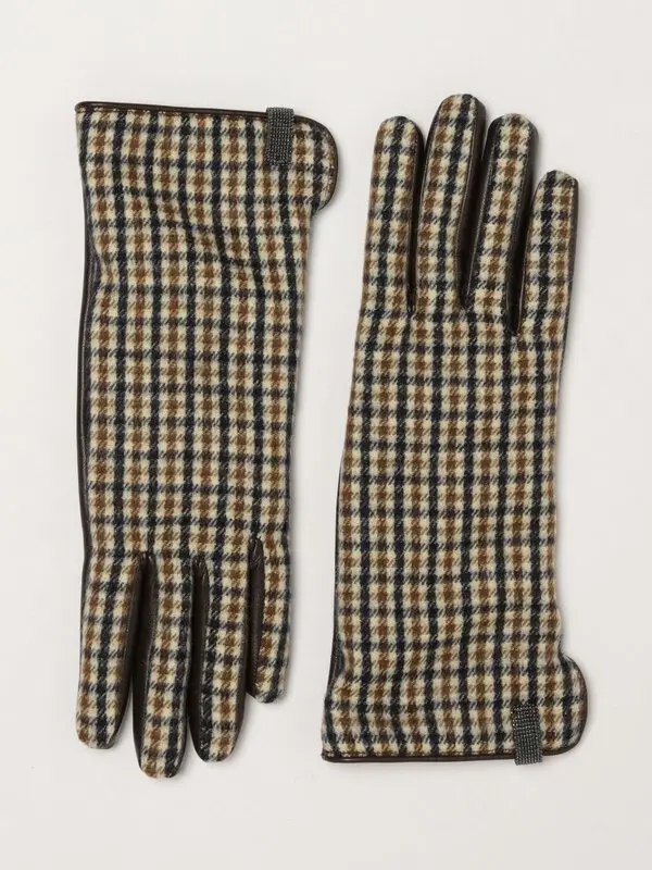 Brunello Cucinelli Check Pattern Gloves In 100% Virgin Wool - Brown