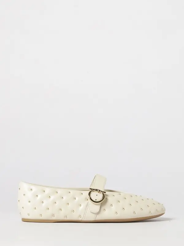 FERRAGAMO Gancini Buckle Studded Nappa Leather Mary Jane Flats - Ecru
