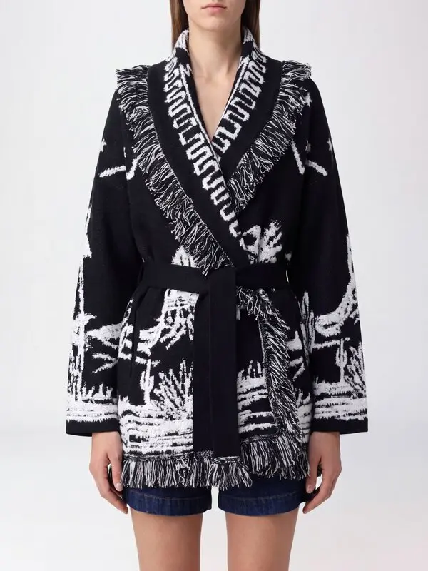 Alanui Jacquard Cashmere And Wool Cardigan With Fringes And Belt