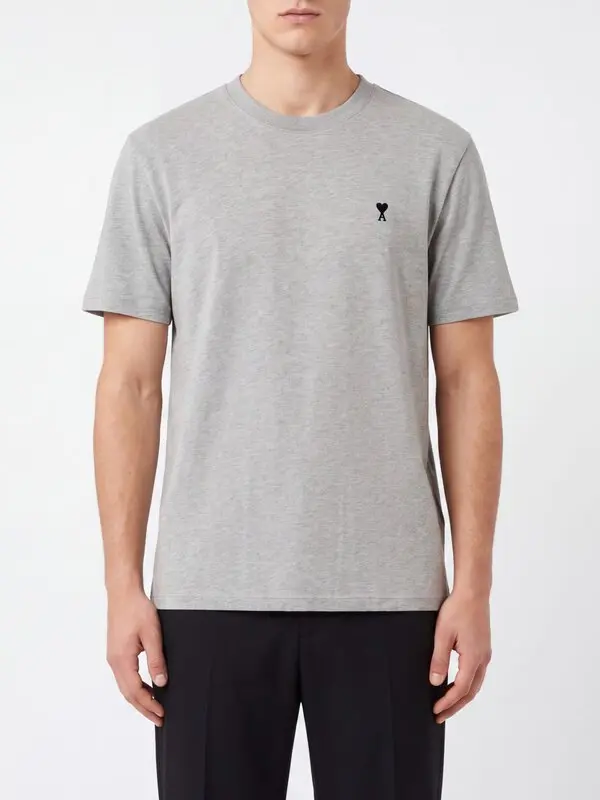 AMI Paris Crewneck Cotton T-shirt With Embroidered De Coeur Logo And Dropped Shoulders - Grey