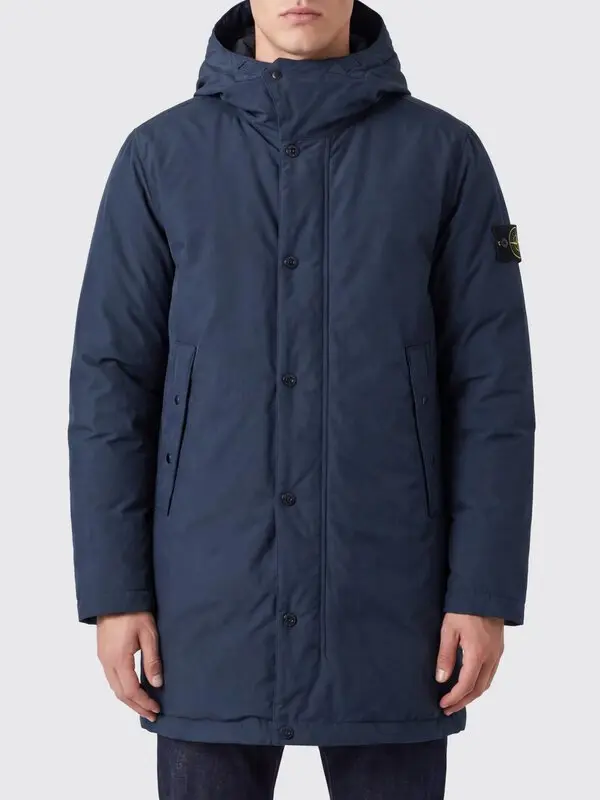 Stone Island Short Parka In Recycled Technical Fabric With Hood And Logo - Navy