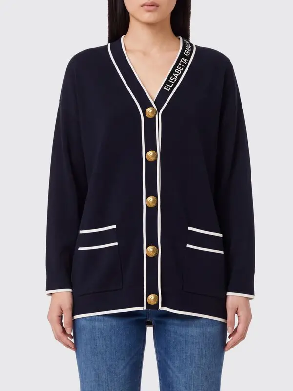 Elisabetta Franchi Virgin Wool Cardigan With Contrast Trims And Logo - Black
