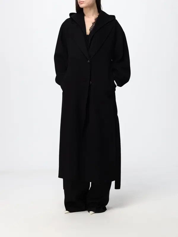 Sportmax Pure Virgin Wool Hooded Long Robe Coat - Black