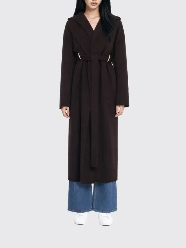 Sportmax Hooded Long Robe Coat In Pure Virgin Wool With Tie Belt - Cocoa