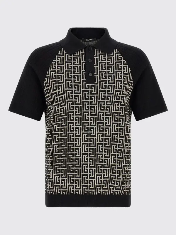 Balmain Pb Monogram Knitted Polo Shirt In Cotton And Linen Blend