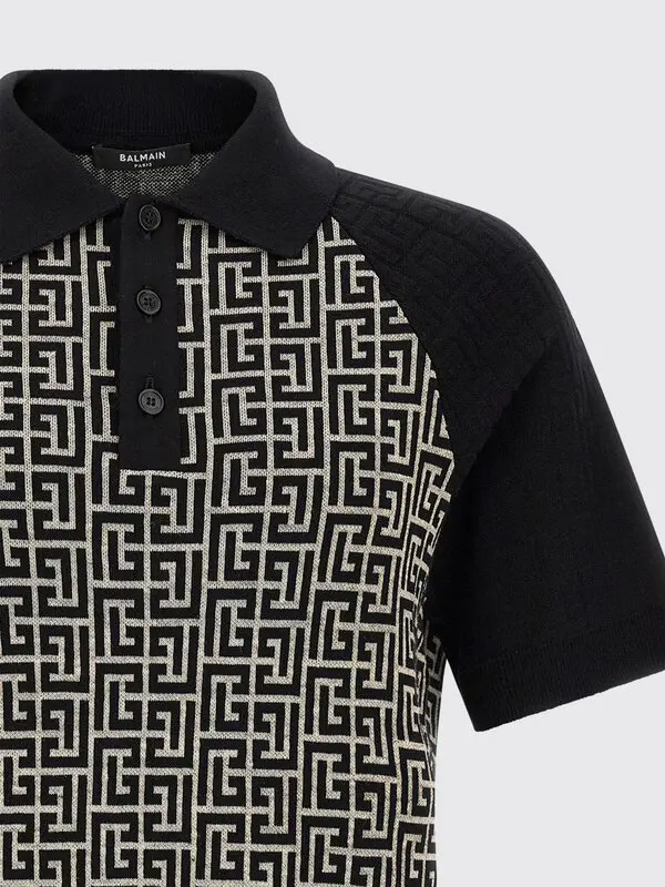 Balmain Pb Monogram Knitted Polo Shirt In Cotton And Linen Blend
