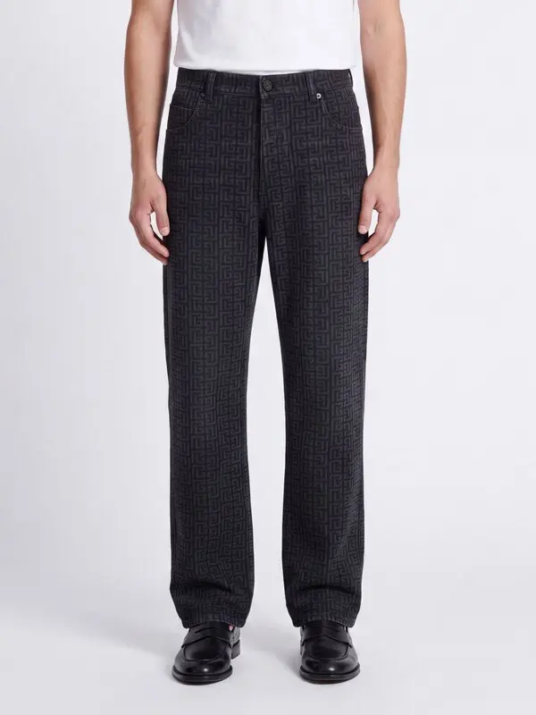 Balmain Straight Fit Pb Monogram Jacquard Denim Jeans