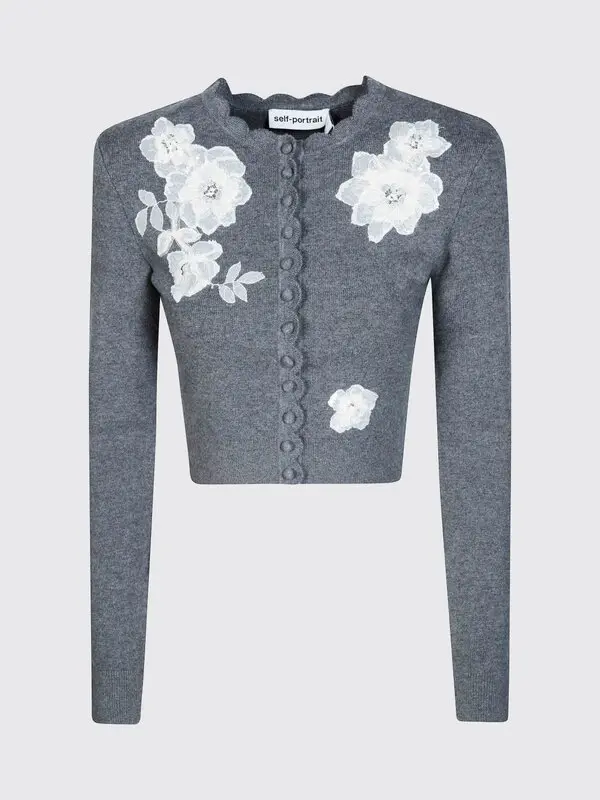 SELF-PORTRAIT Slim Fit Wool And Cashmere Cardigan With Floral Appliqu