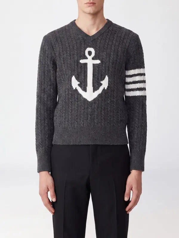 Thom Browne Slim Fit Virgin Wool V-neck Jumper With Iconic 4-bar Stripe - Grey
