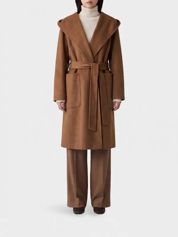 Max Mara Virgin Wool Robe Coat With Hood And Belt - Camel