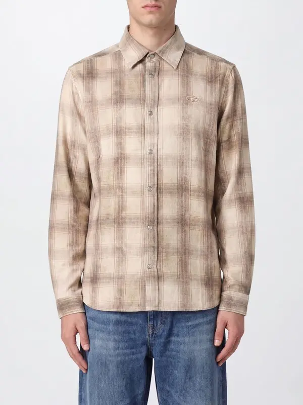 DIESEL® S-simply-jmcm Check Lyocell Shirt With Embroidered Oval D Logo - Beige