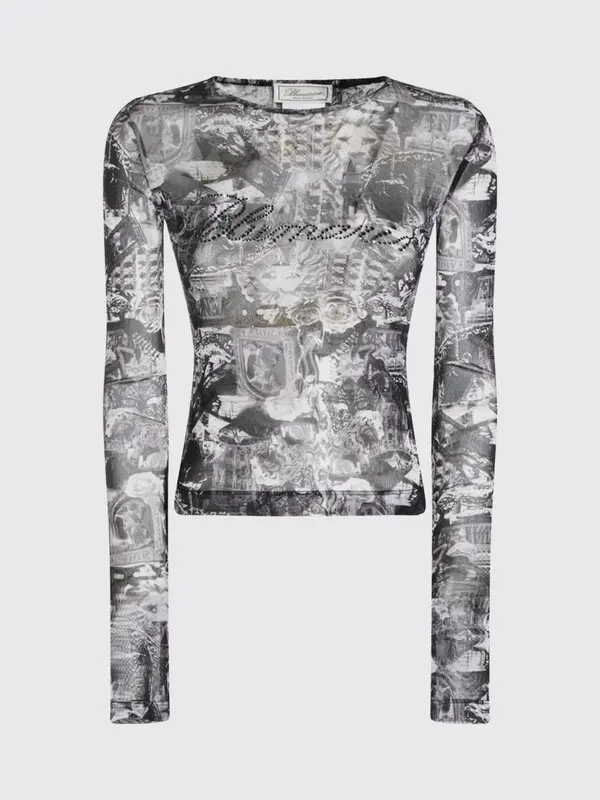 Blumarine Long Sleeve Printed Mesh Top