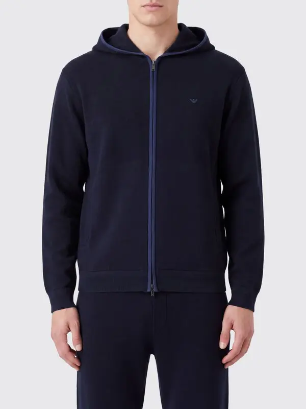 Emporio Armani Wool Knit Zipped Hoodie With Eagle Logo - Black
