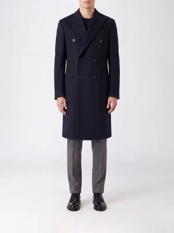 Emporio Armani Knee-length Double-breasted Coat In Wool And Cashmere - Blue