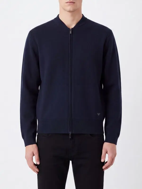 Emporio Armani Pure Wool Bomber Collar Zip-up Cardigan
