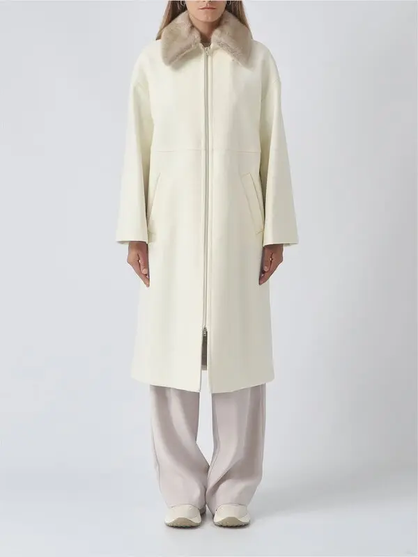 Herno Knee-length Single-breasted Wool Blend Coat With Fur Collar - White
