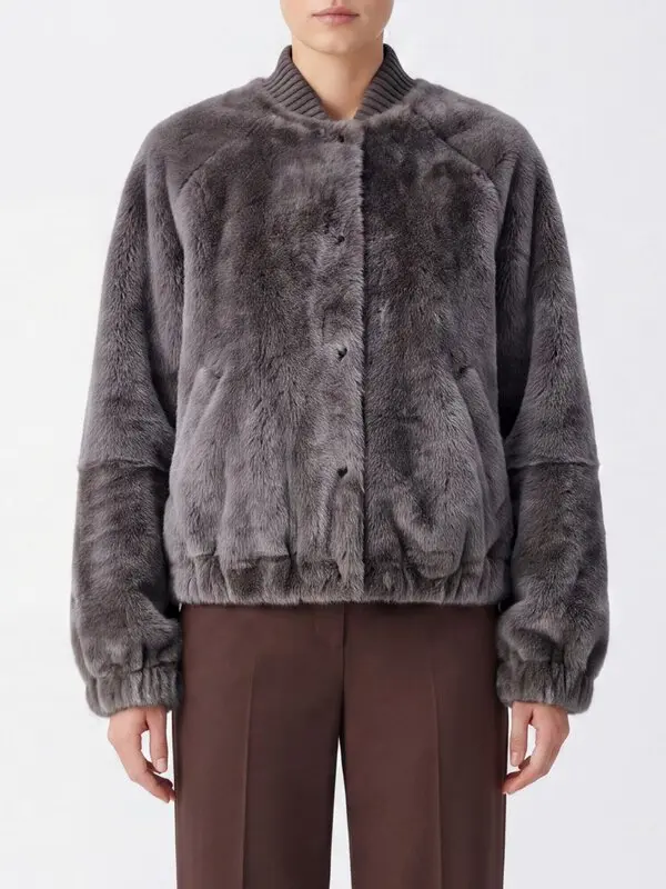 Brunello Cucinelli Short Relaxed-fit Fur Bomber Jacket With Dropped Shoulders - Grey