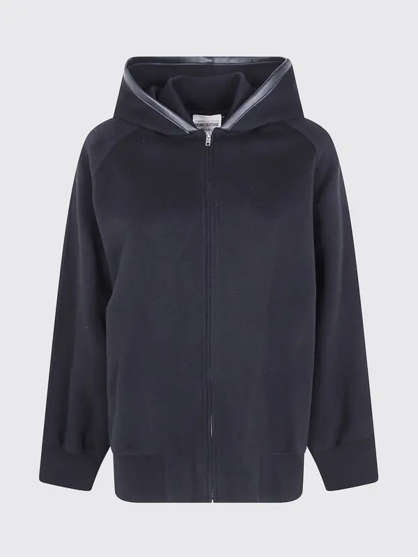 SEMICOUTURE Relaxed Fit Wool Knit Zip-up Hoodie With Dropped Shoulders - Black