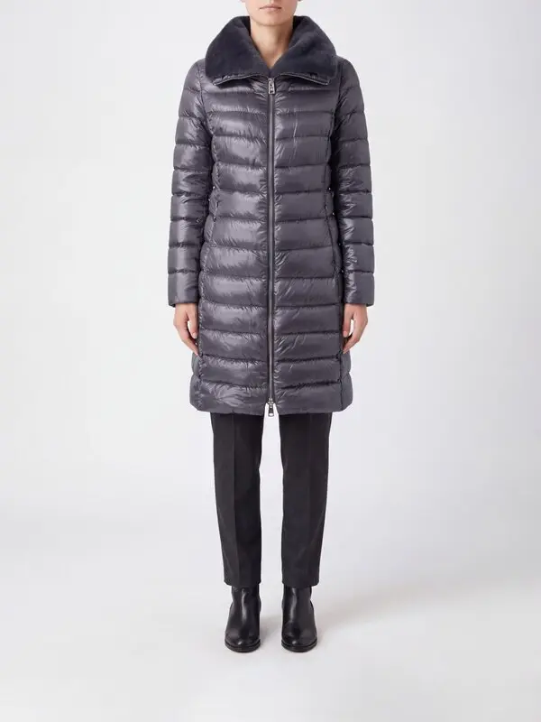 Herno Knee-length Down Jacket In Water-repellent Ultralight Nylon With Fur Collar - Grey