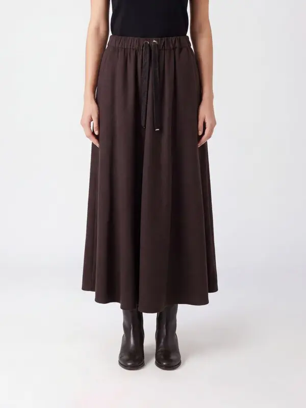 Herno Flared Wool Blend Knit Midi Skirt With High Waist And Drawstring - Black