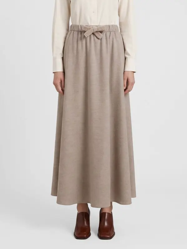Herno Flared Wool Blend Knit Midi Skirt With High Waist And Drawstring - Cream