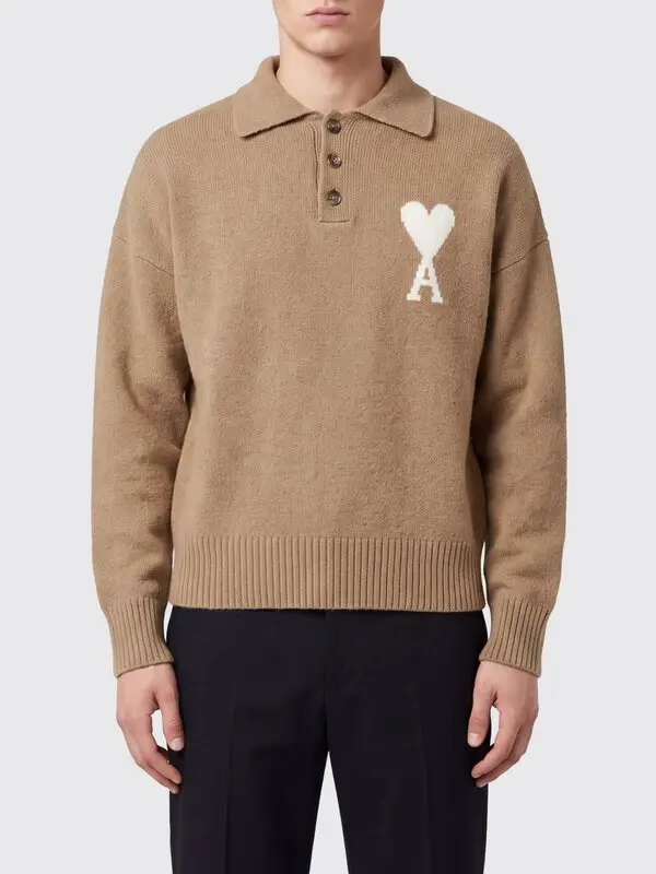AMI Paris Long-sleeved Knit Polo With De Cœur Jacquard Logo - Beige