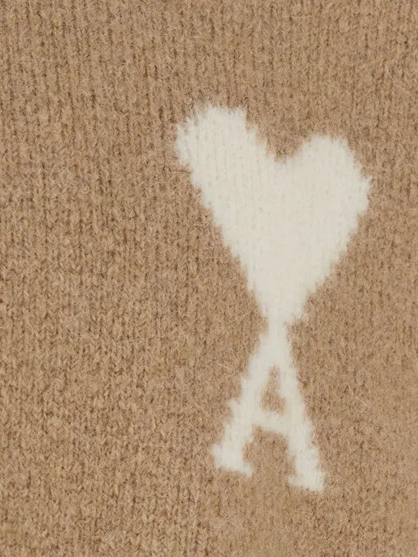 AMI Paris Long-sleeved Knit Polo With De Cœur Jacquard Logo - Beige