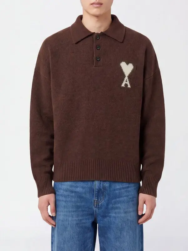 AMI Paris Long-sleeved Knit Polo With De Cœur Jacquard Logo - Brown