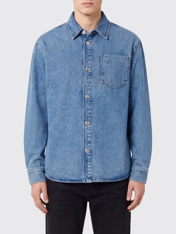 AMI Paris Cotton Denim Shirt With French Collar And Concealed Buttoning