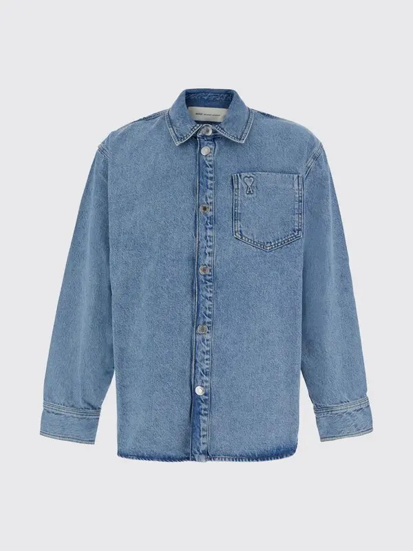 AMI Paris Cotton Denim Shirt With French Collar And Concealed Buttoning