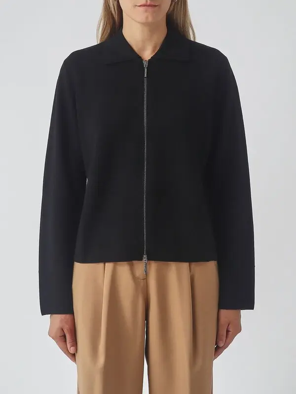 Max Mara Virgin Wool Zip Front Polo Cardigan - Black